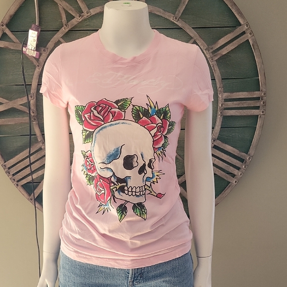 Ed Hardy | Tops | Ed Hardy Pink Skull And Roses Tee | Poshmark
